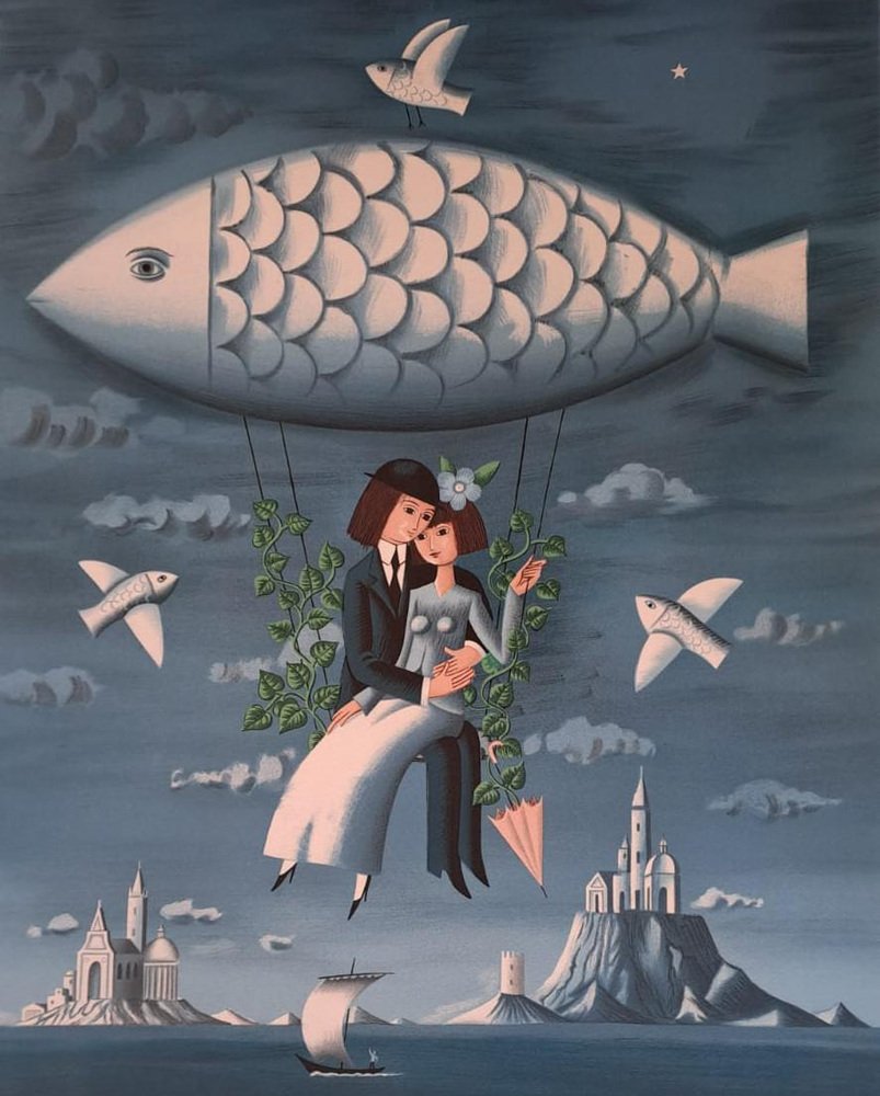 Raymond Peynet, Lovers in a Fish Balloon, Original Signed Lithograph for sale at Pamono
