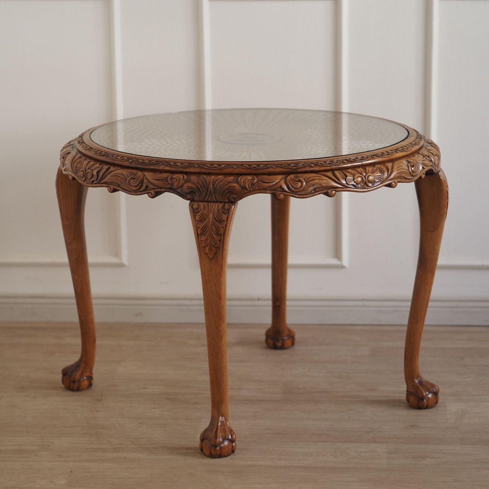 Antique Round Weave Side Table with Glass Top for sale at Pamono
