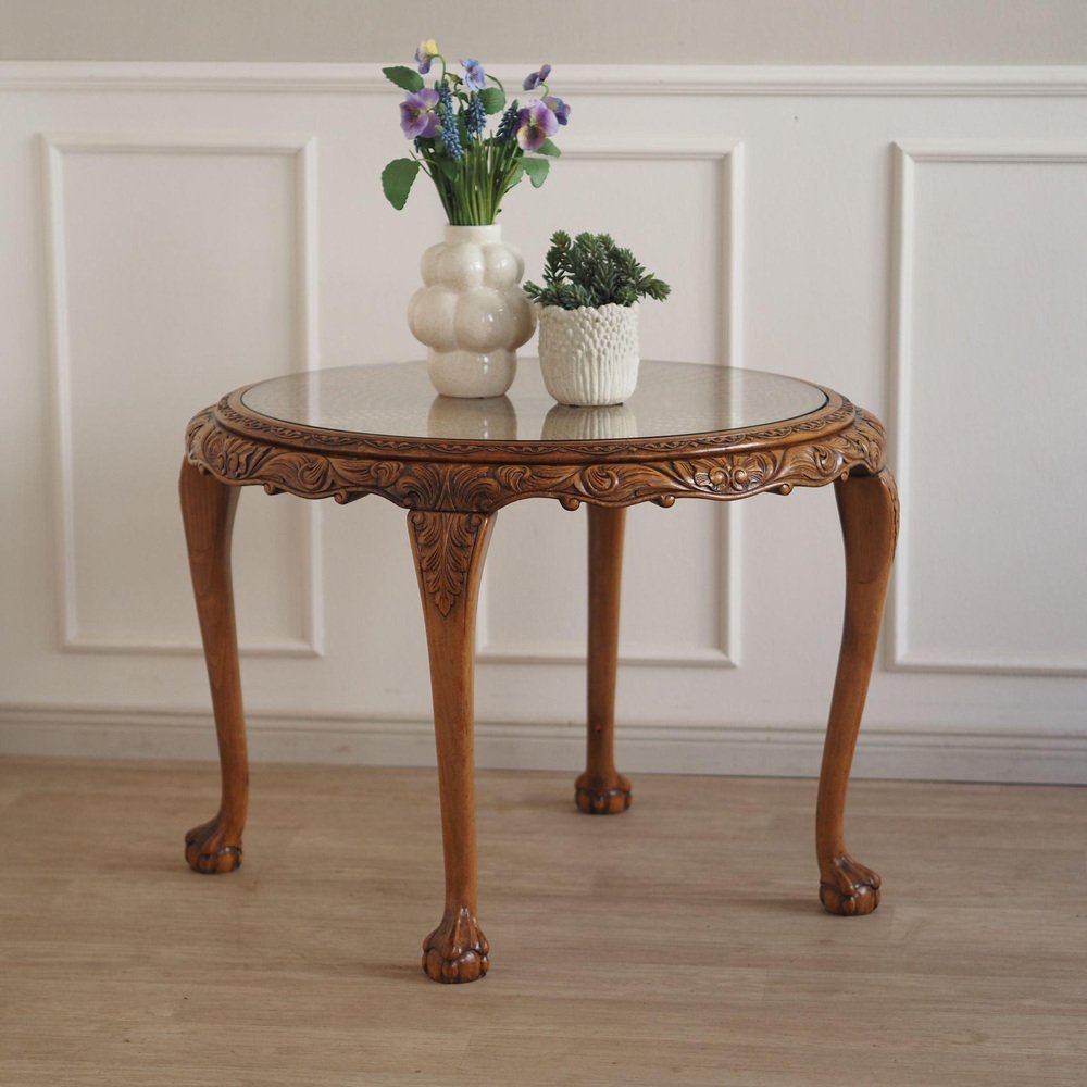 Antique Round Weave Side Table with Glass Top for sale at Pamono