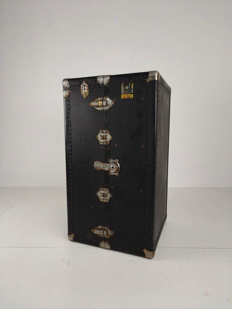 Antique Belber Black Leather Steamer Trunk, 1920s for sale at Pamono