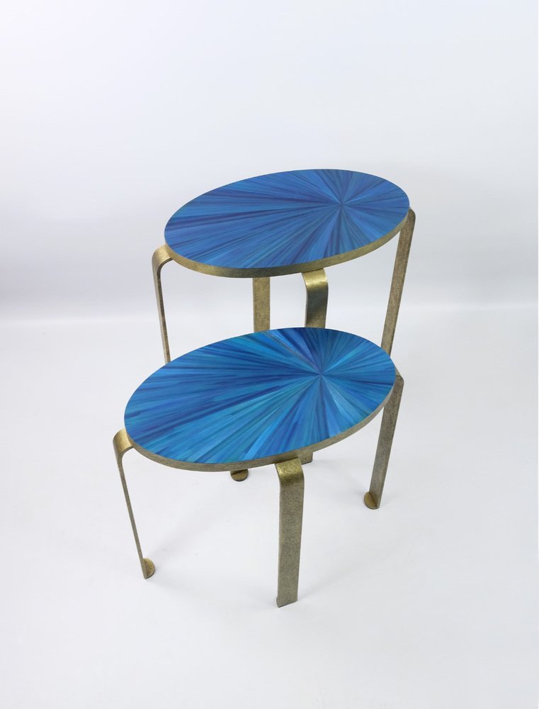 Side Tables in Straw Marquetry and Textured Brass by Ginger Brown, Set ...
