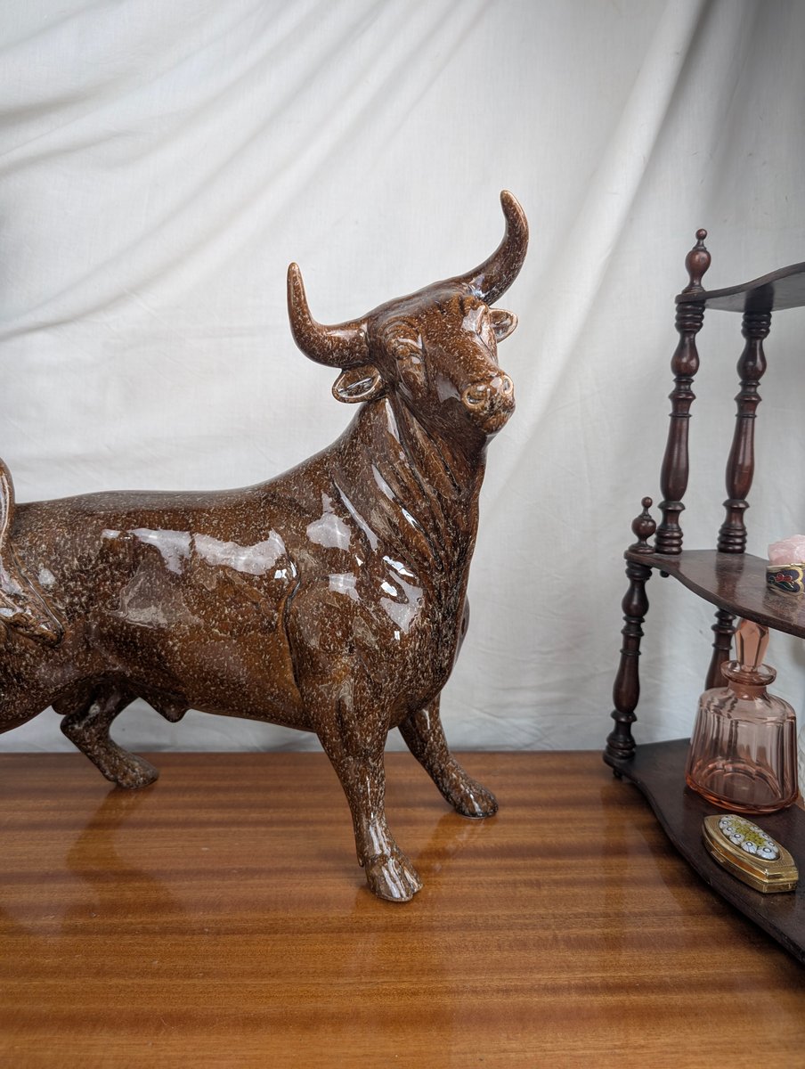 Vintage Art Deco Brown Ceramic & Earthenware Bull Sculpture Zoomorphic ...