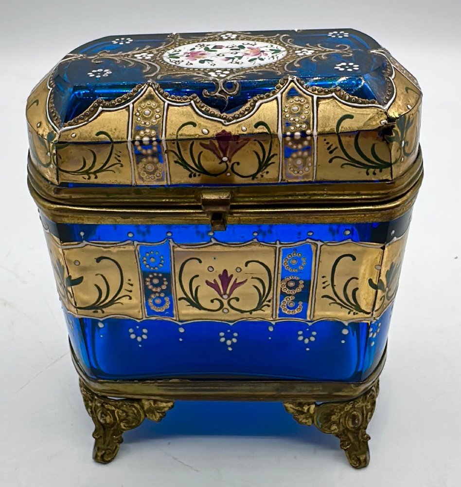 Antique 19th Century Moser Blue Enamelled Glass Jewelry Box, Bohemia ...