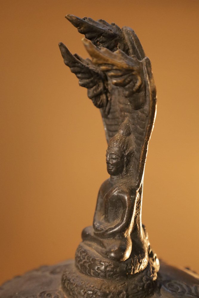 Antique Bronze Container with Buddhist Symbols for sale at Pamono