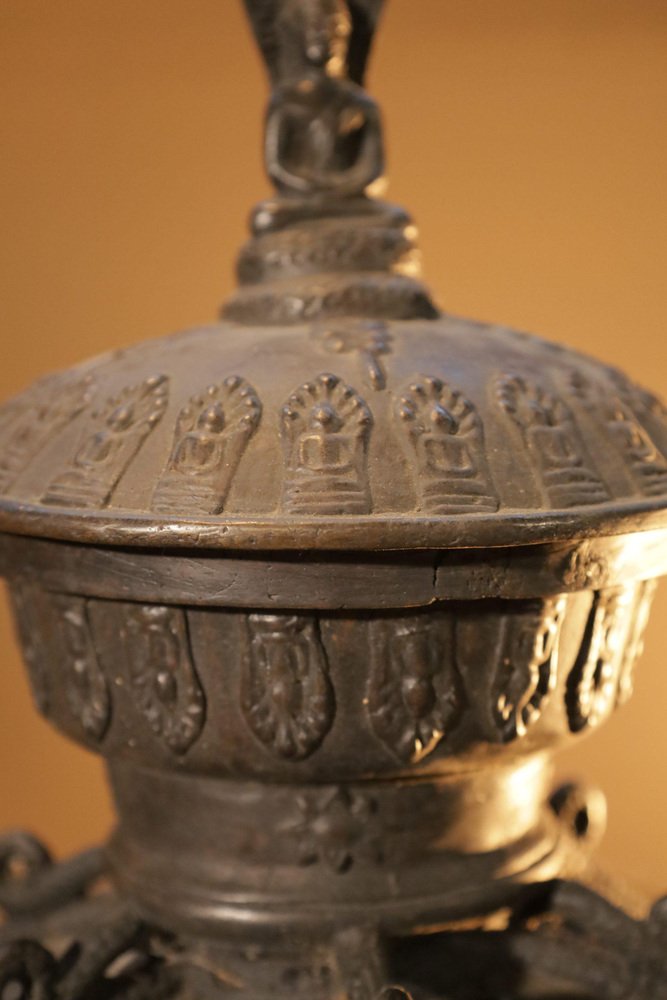 Antique Bronze Container with Buddhist Symbols for sale at Pamono