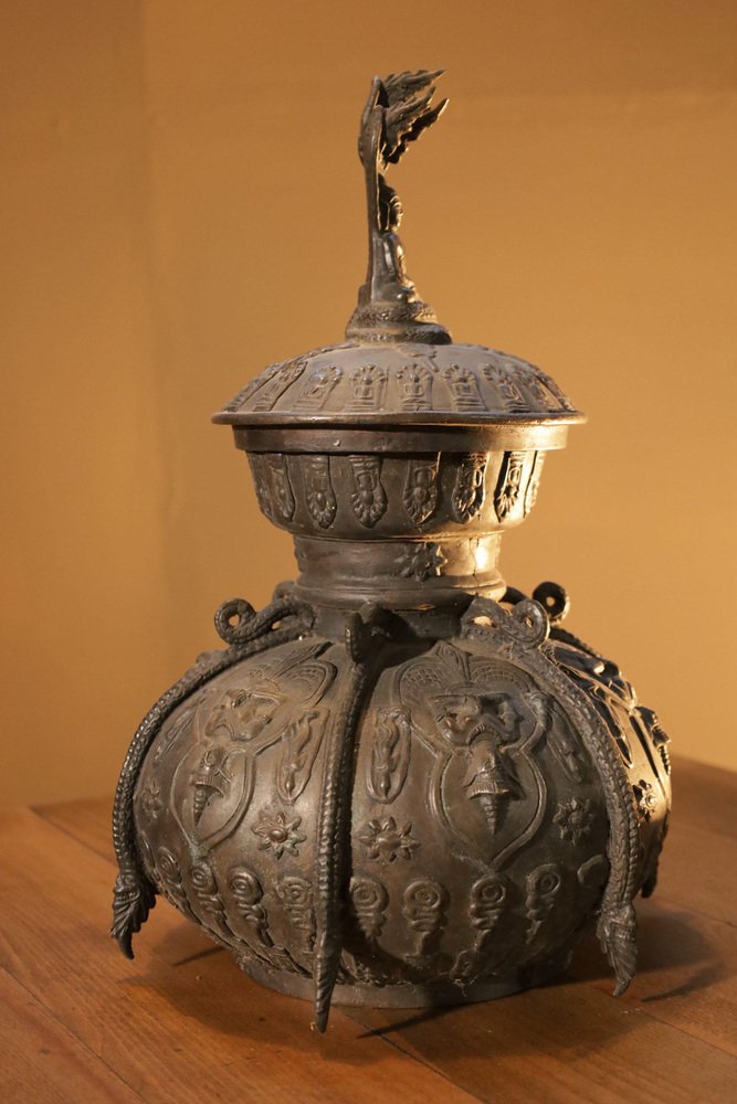 Antique Bronze Container with Buddhist Symbols for sale at Pamono