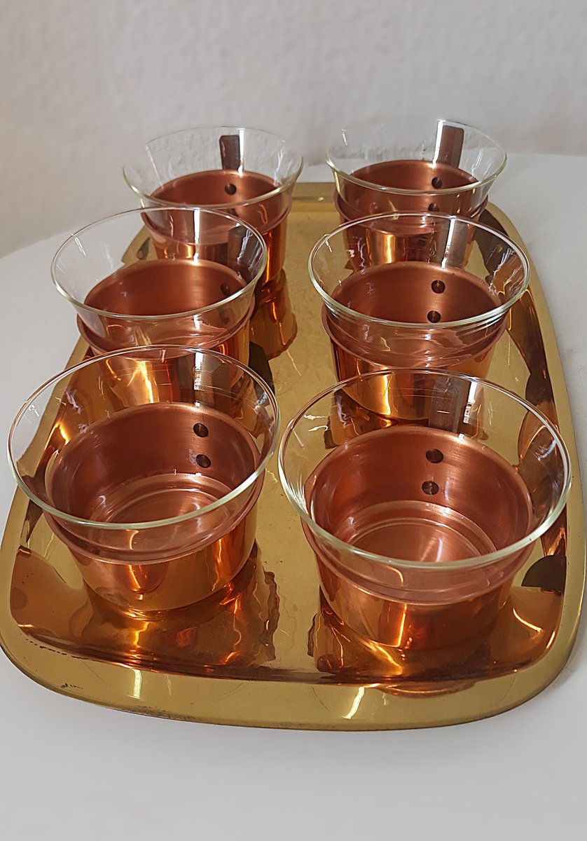 Tea Glasses & Tray in Copper Brass & Jena Glass by Schott, Mainz, 1970s ...