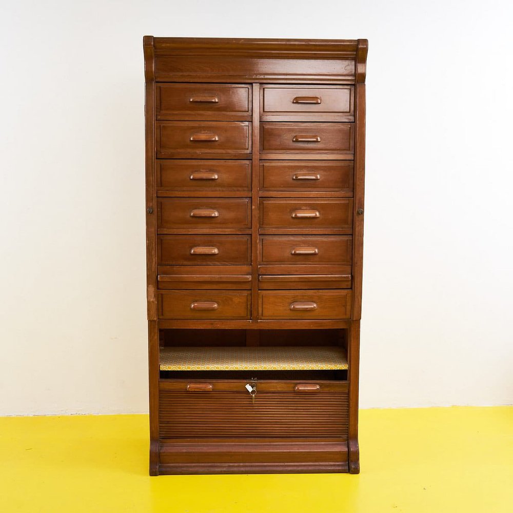 Wooden Archive Chest of Drawers with Shutter for sale at Pamono