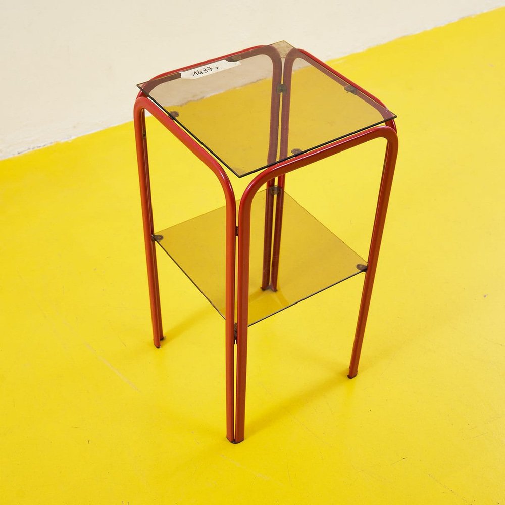 Red Metal Coffee Table with Double Glass Shelf for sale at Pamono