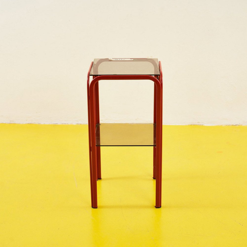 Red Metal Coffee Table with Double Glass Shelf for sale at Pamono