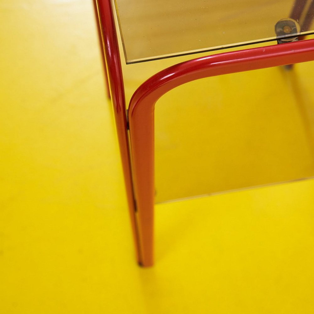 Red Metal Coffee Table with Double Glass Shelf for sale at Pamono