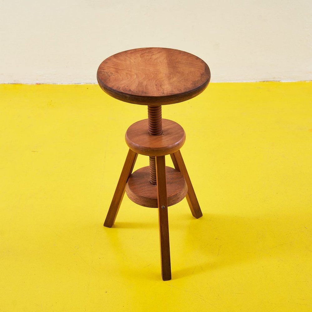 Screw-Adjustable Wooden Stool for sale at Pamono