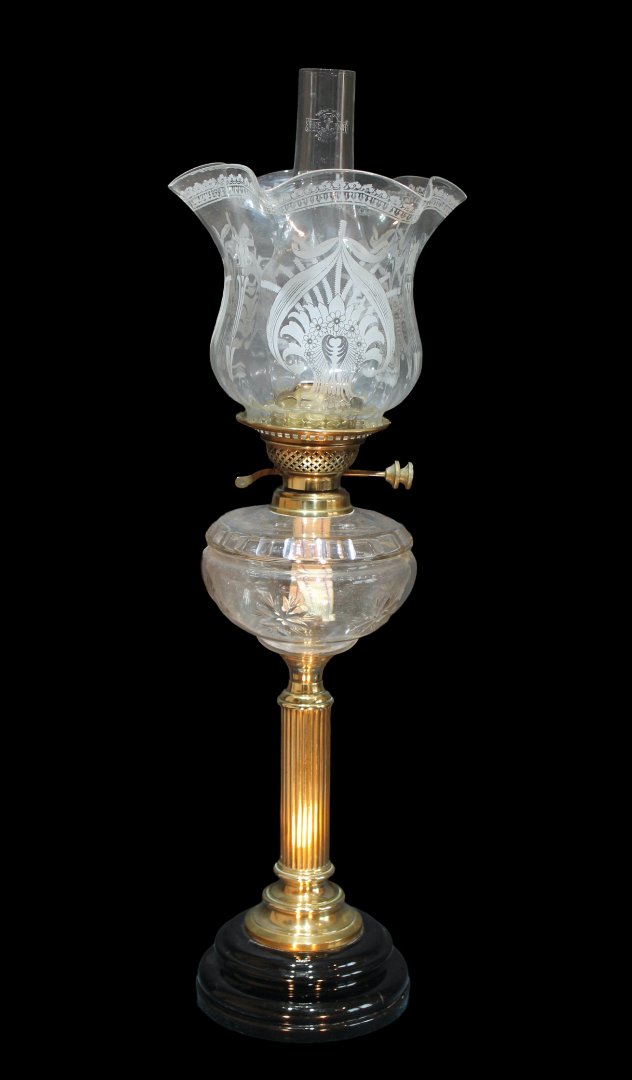 Art Nouveau Oil Lamp with Hand Blown, Etched Glass Shade and Duplex ...