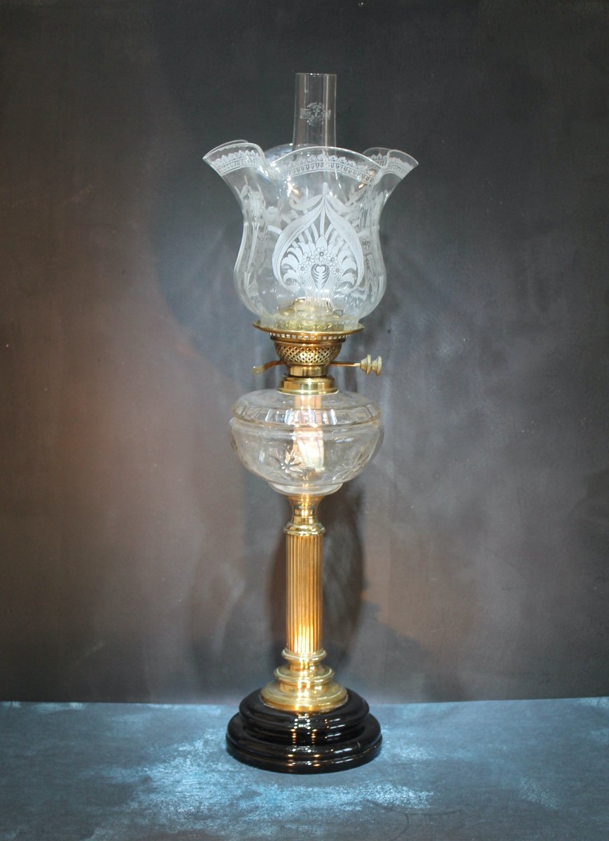 Art Nouveau Oil Lamp with Hand Blown, Etched Glass Shade and Duplex ...