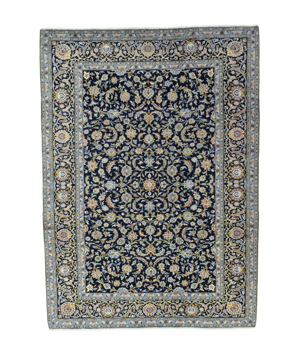 Hand-Knotted Kashan Rug with Dark Blue with Floral Patterns for sale at ...