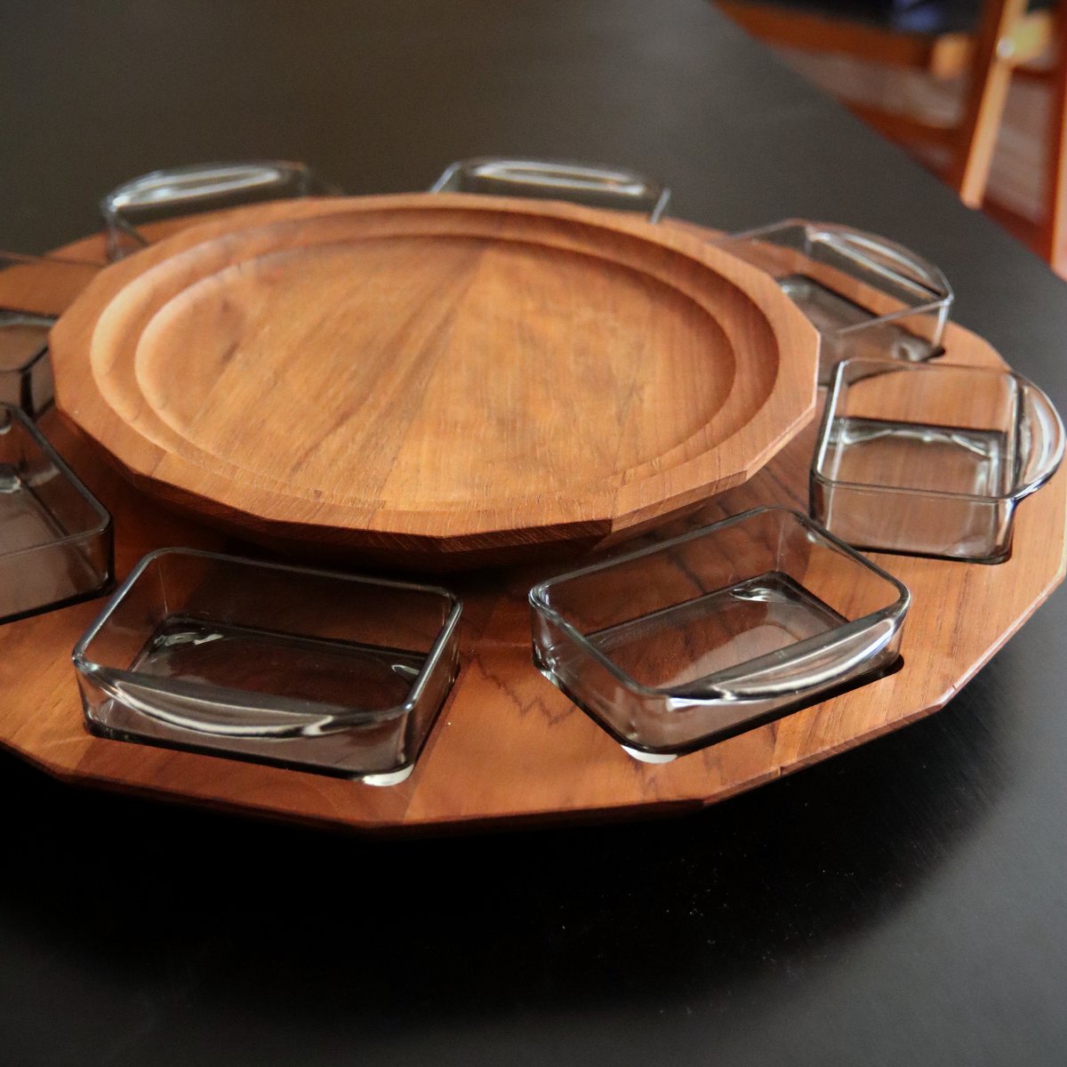 Lazy Susan Rotating Wooden Tray with 8 Smoked Glass Bowls, 1960s, Set ...