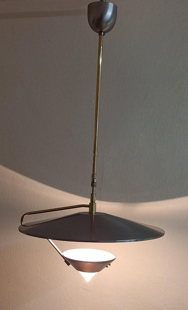 Vintage Height-Adjustable Ceiling Lamp with Metal Reflector and Brass ...