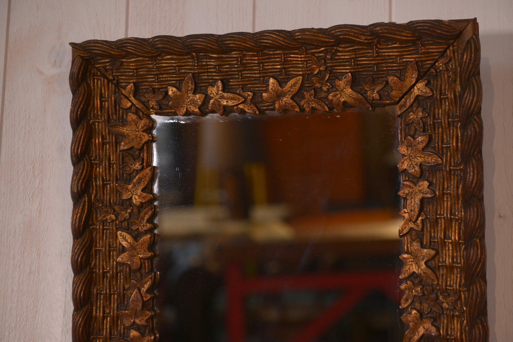 Small Carved Wooden Mirror with Weaving and Leaves Decor, 1960s for ...