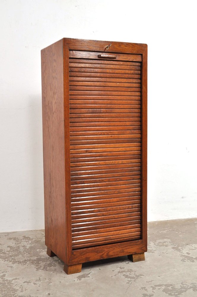 Art Deco Roller Door Cabinet in Oak, 1930s for sale at Pamono
