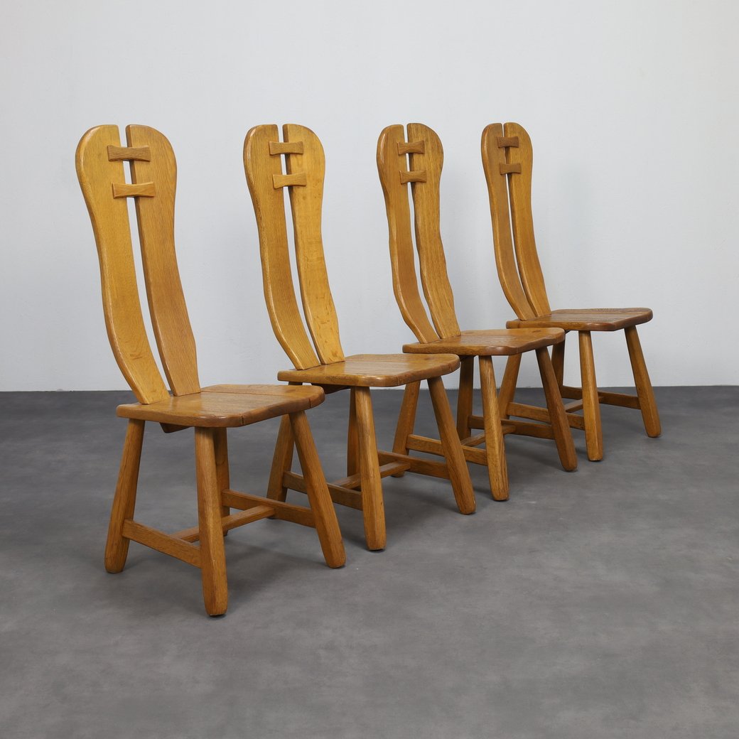 Brutalist Dining Chairs in Oak by De Puydt, 1970s, Set of 4 for sale at ...