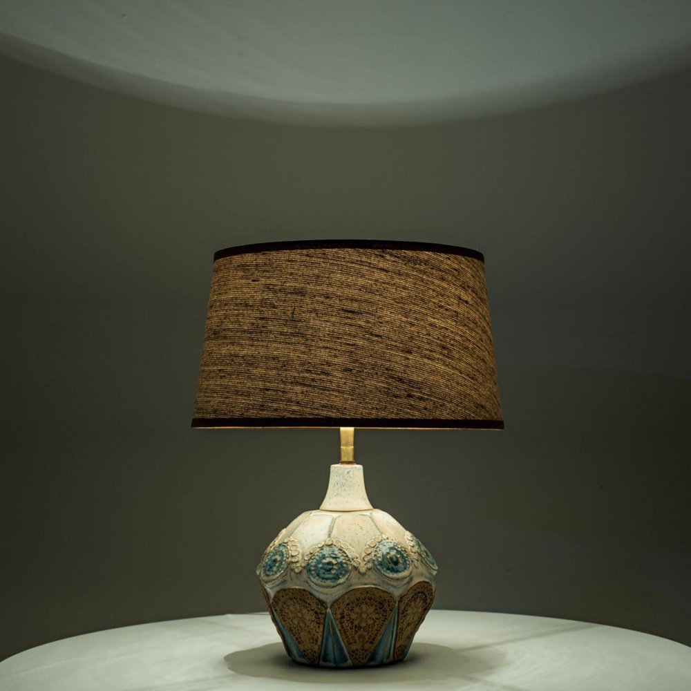Round Ceramic Table Lamp with Silk Lampshade attributed to René Houben ...
