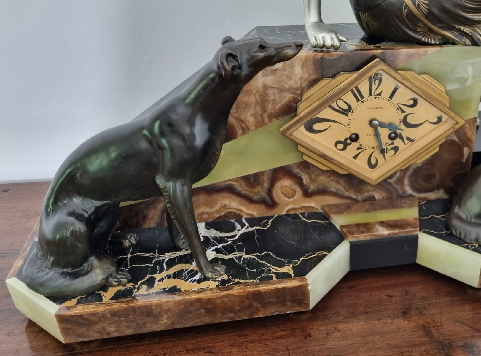 Art Deco Clock Set with Sculpture of Lady and Greyhounds by Uriano ...
