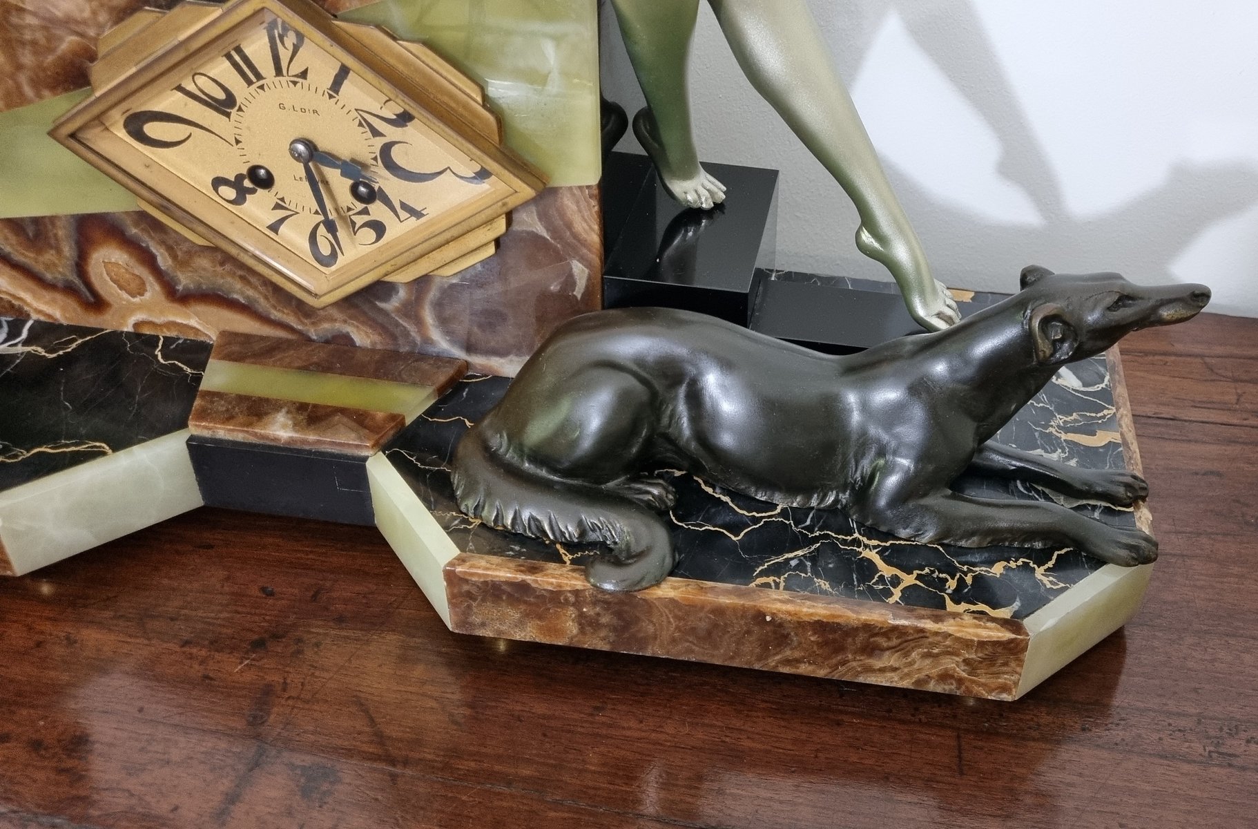 Art Deco Clock Set with Sculpture of Lady and Greyhounds by Uriano ...