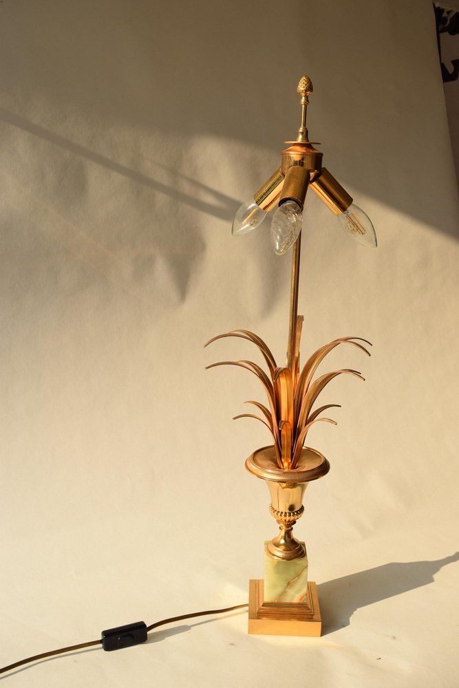 Mid-Century Belgian Hollywood Regency Palm Pineapple Lamp with Onyx ...