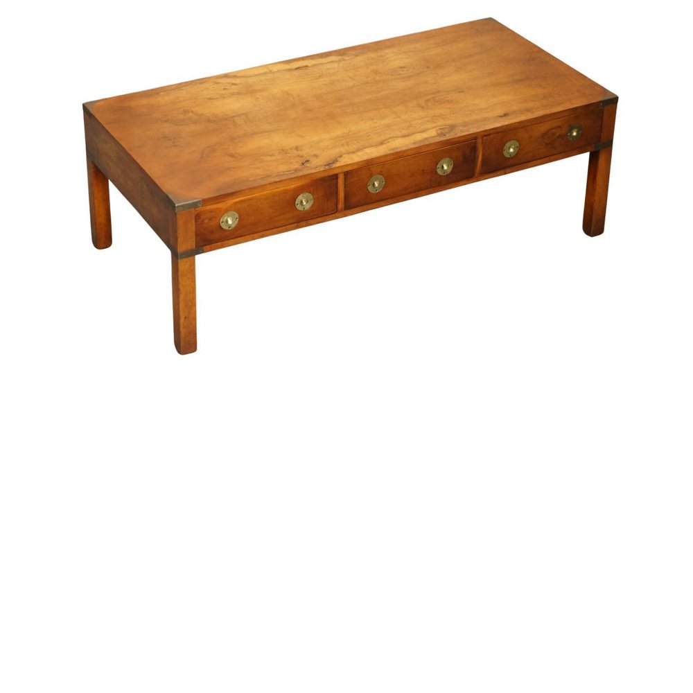 Vintage Military Campaign Burr Yew Wood and Brass 3-Drawer Coffee Table ...