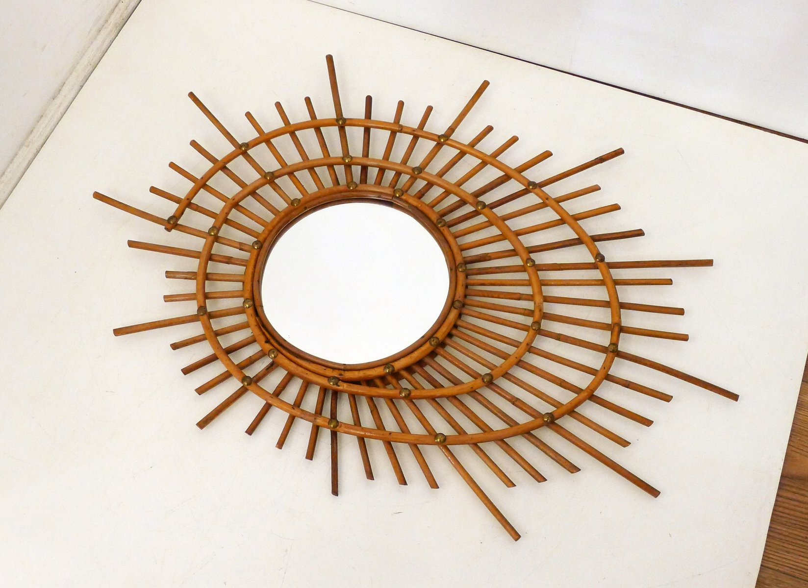 Spiral-Shaped Sun Wall Mirror in Rattan, 1960s for sale at Pamono