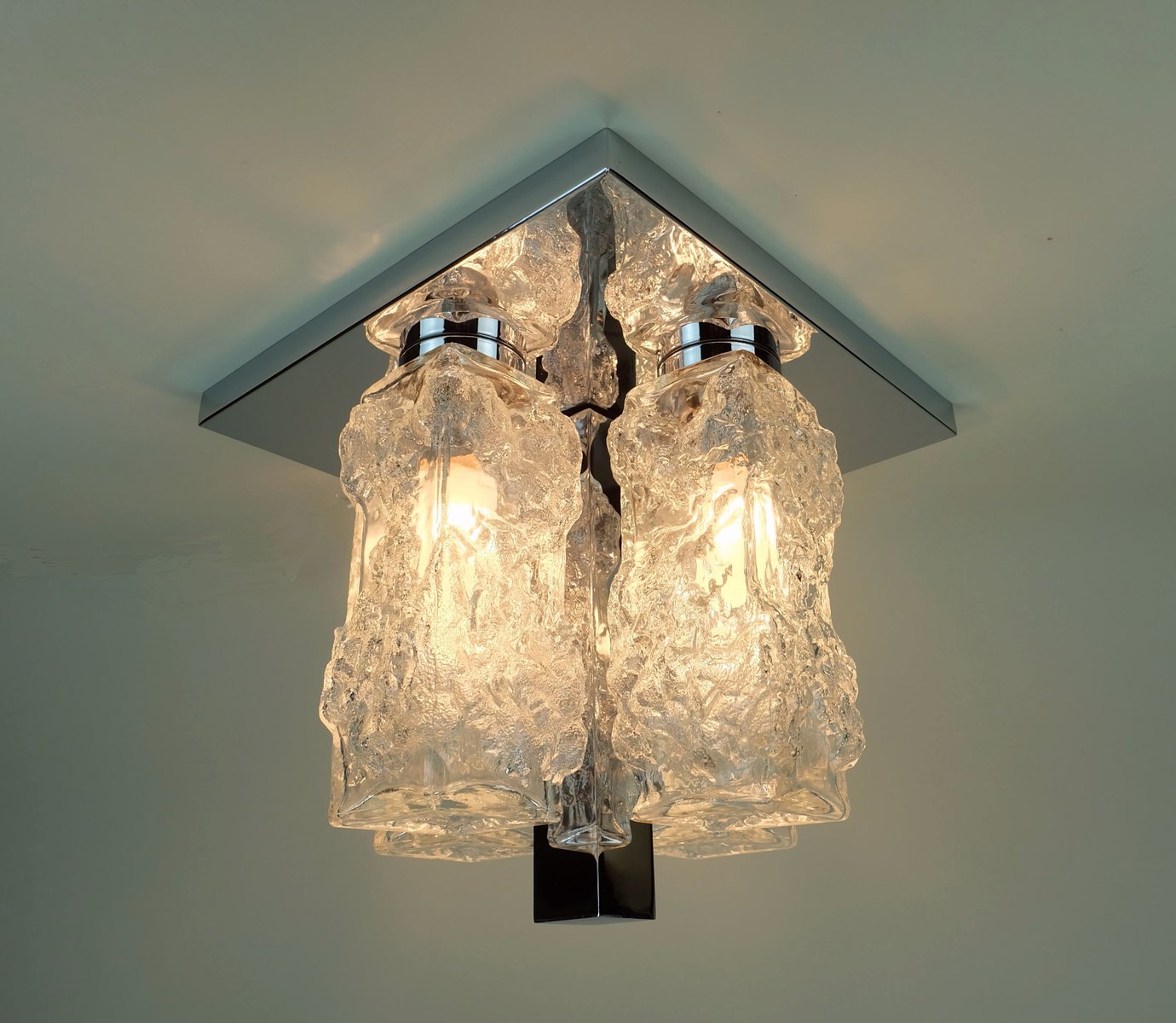 Mid-Century Ceiling Fixture with 4 Ice Glass Cuboids from Hillebrand ...