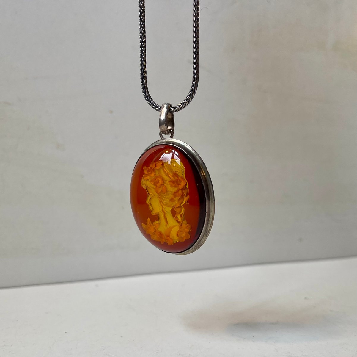 Vintage Silver Pendant Necklace with Reverse Amber Cameo, 1970s, Set of ...