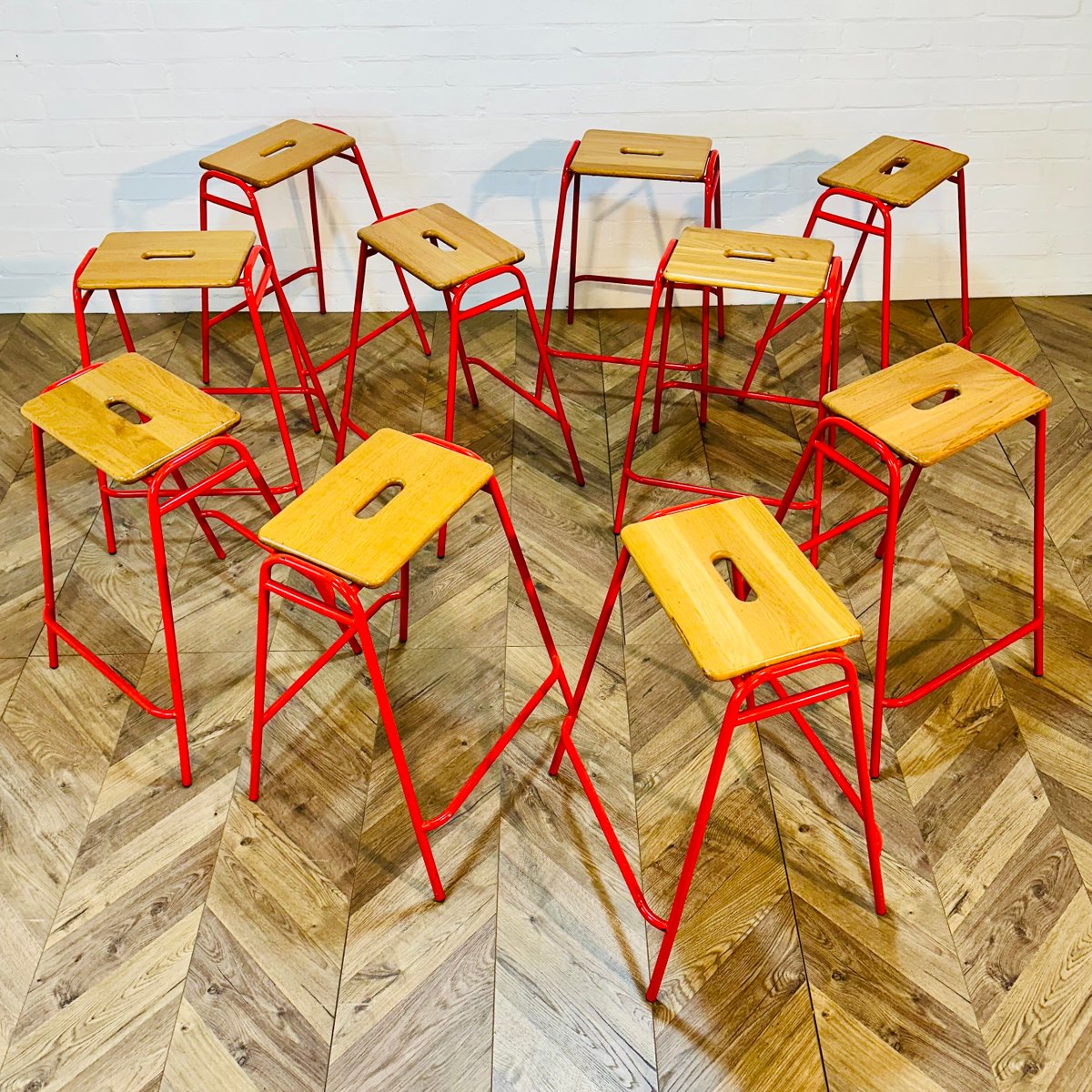 Vintage Red Metal and Oak Lab Stools by David Irwin, 1990s, Set of 10 ...