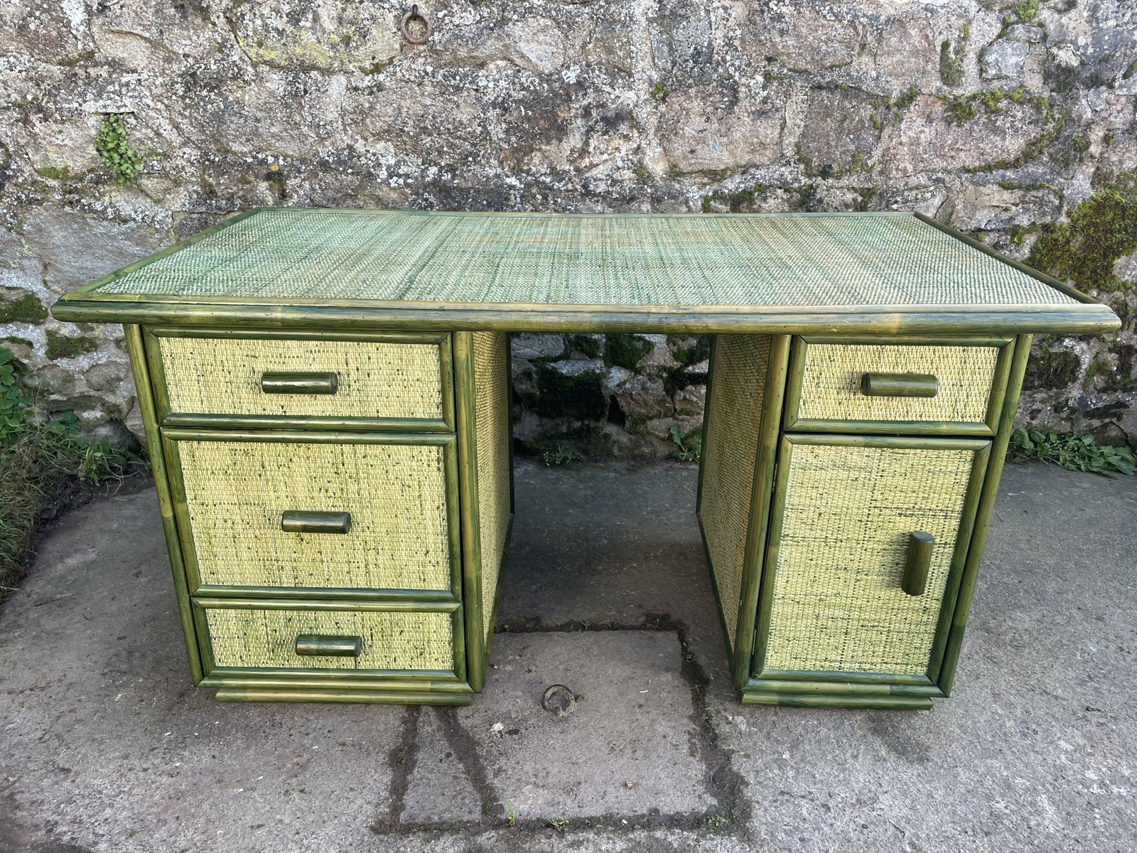 Green Rattan Desk, 1960s for sale at Pamono