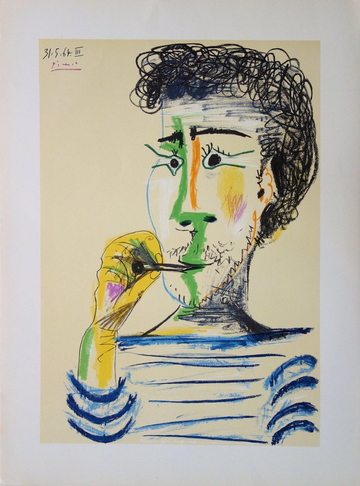 Pablo Picasso, Man in a Striped Sweater and a Cigarette, Lithograph ...
