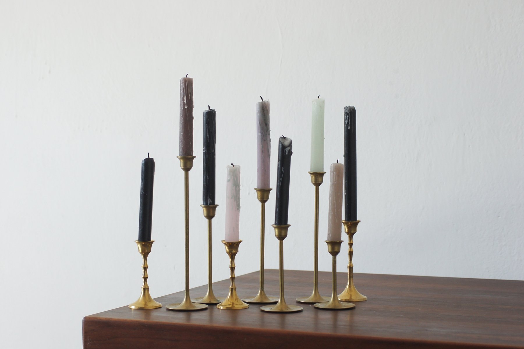 Vintage Brass Candlesticks, 1960s, Set of 9 for sale at Pamono