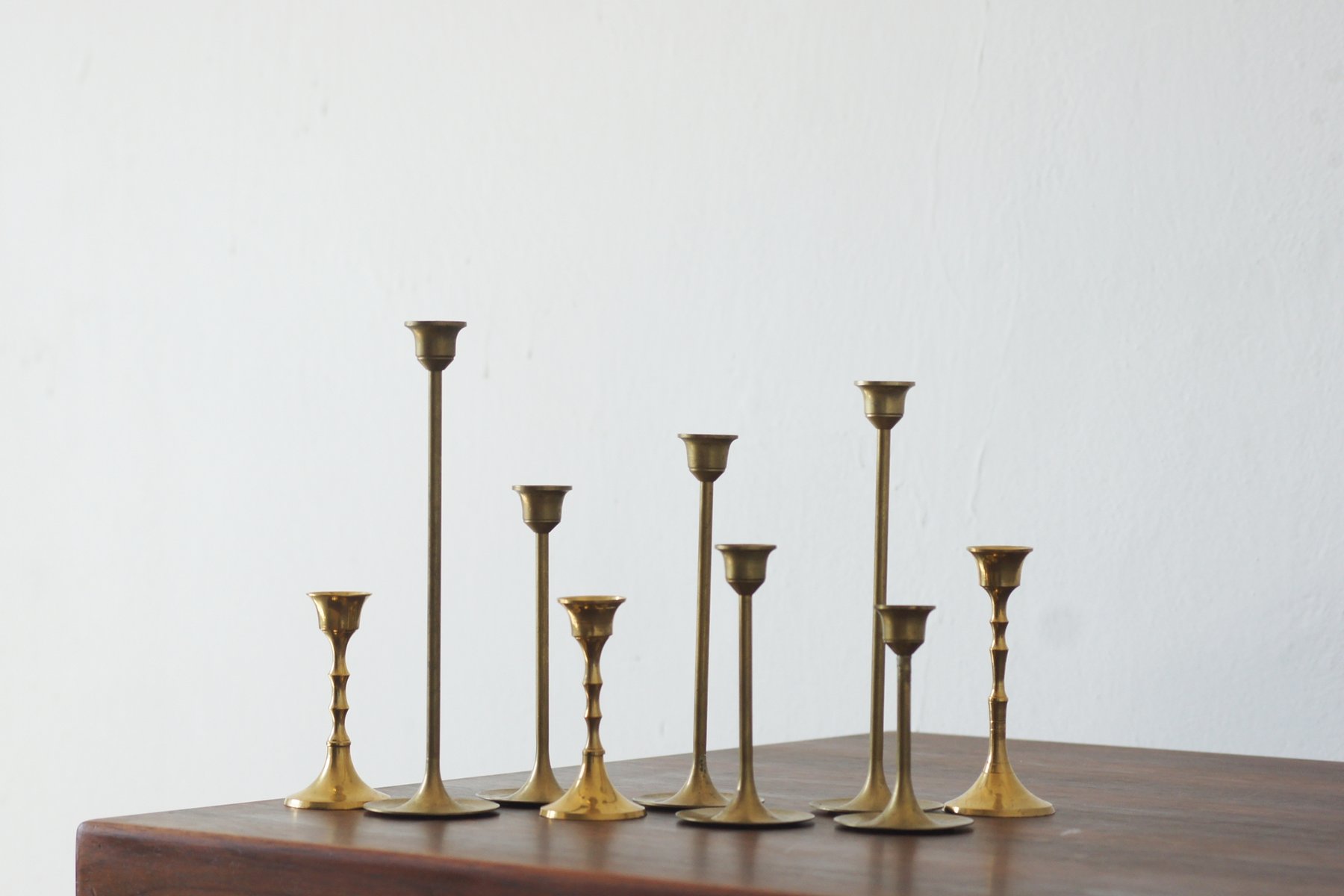 Vintage Brass Candlesticks, 1960s, Set of 9 for sale at Pamono