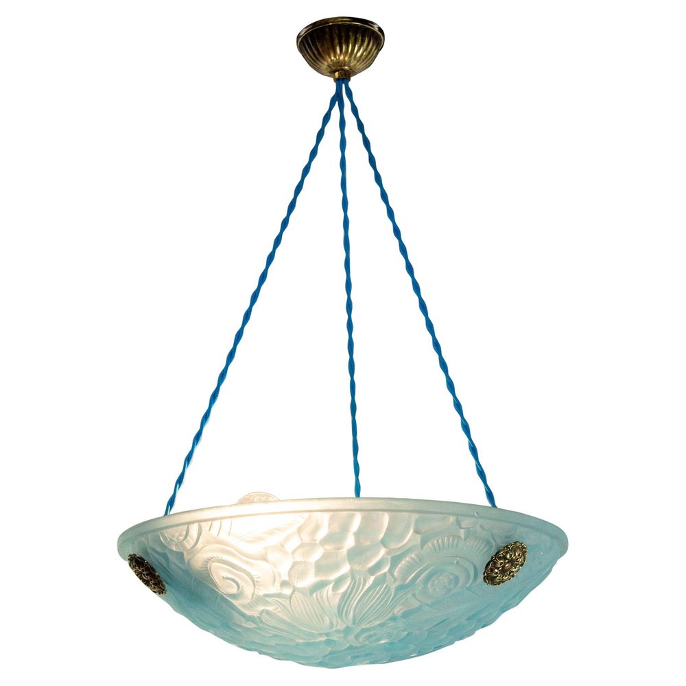 French Art Deco Lustre Blue Glass Pendant, 1930 for sale at Pamono