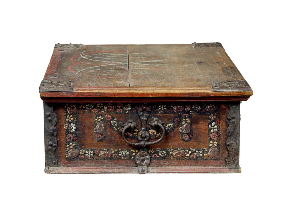Swedish Hand Painted Oak Strong Box for sale at Pamono