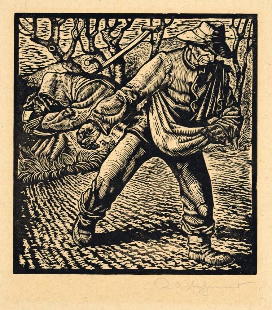 Rudolf Nehmer, The Fieldman and Death, 1948, Woodcut for sale at Pamono
