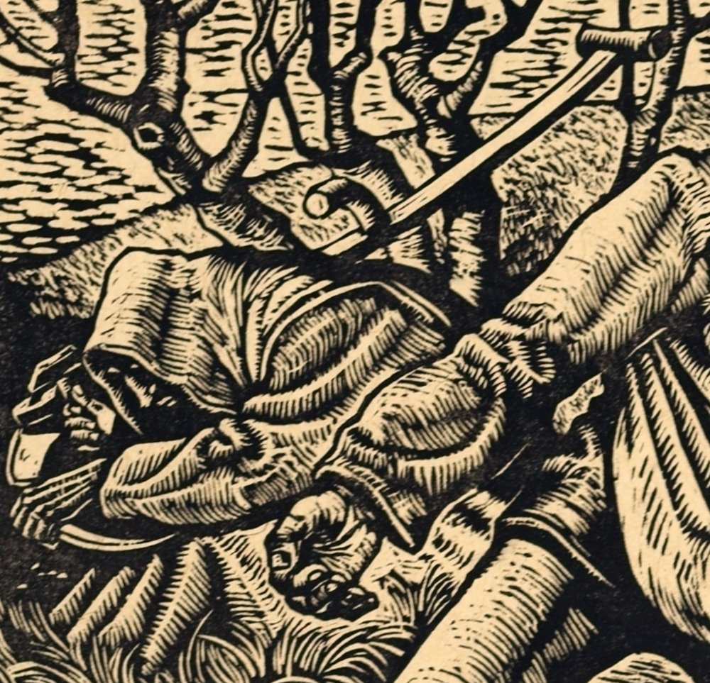Rudolf Nehmer, The Fieldman and Death, 1948, Woodcut for sale at Pamono