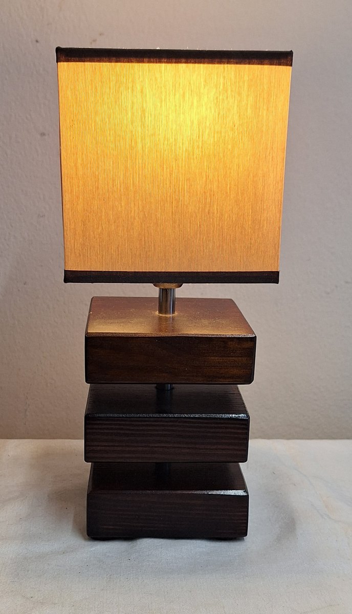 Vintage Table Lamp with Brown Stained Pine Base and Beige Fabric Shade ...
