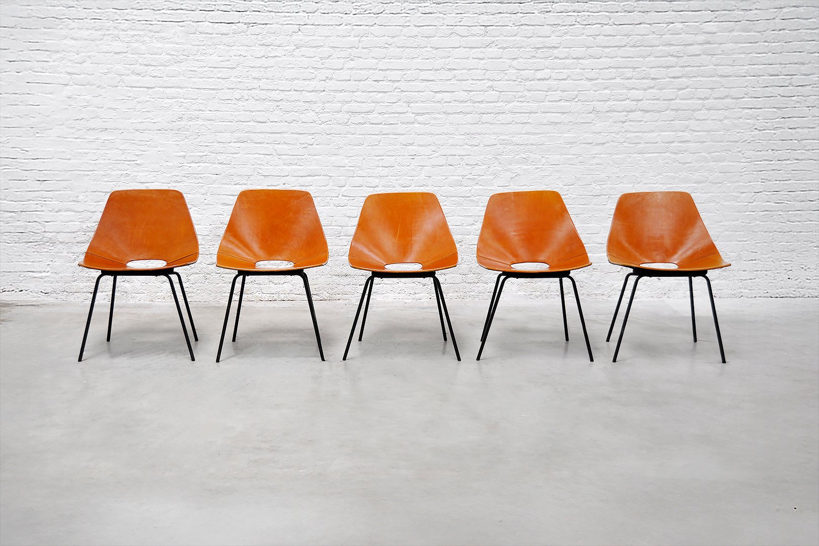 Vintage Cognac Leather Tonneau Chairs by Pierre Guariche, Set of 5 for ...