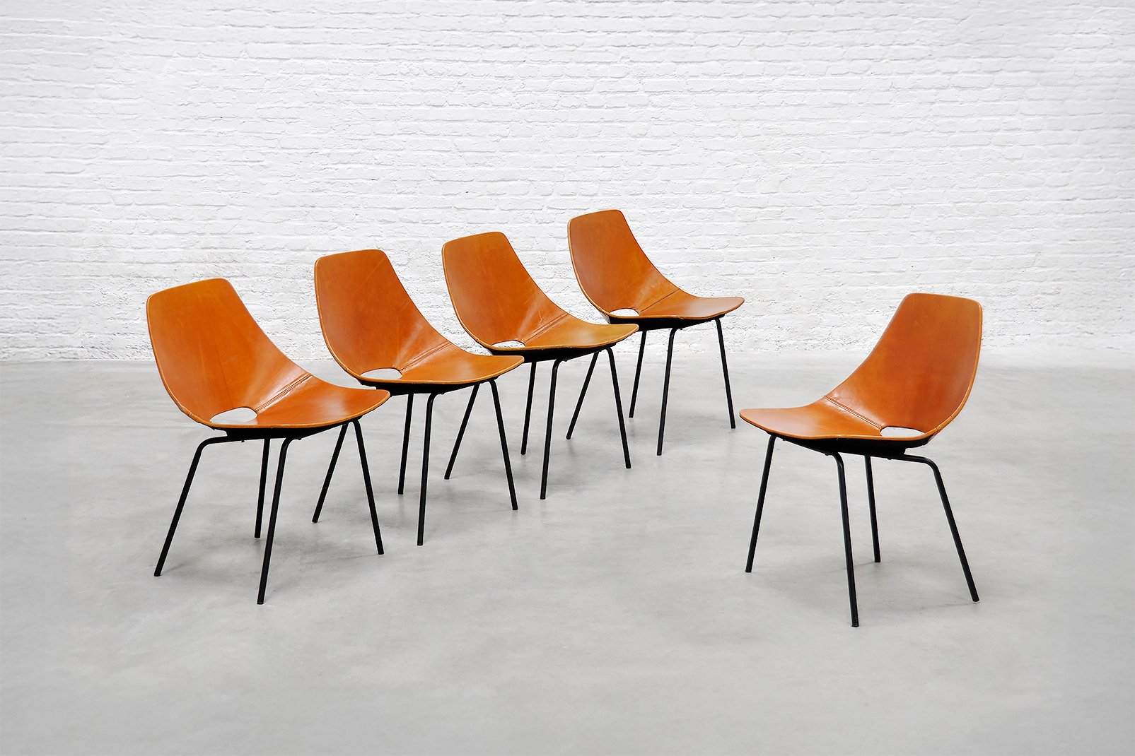 Vintage Cognac Leather Tonneau Chairs by Pierre Guariche, Set of 5 for ...
