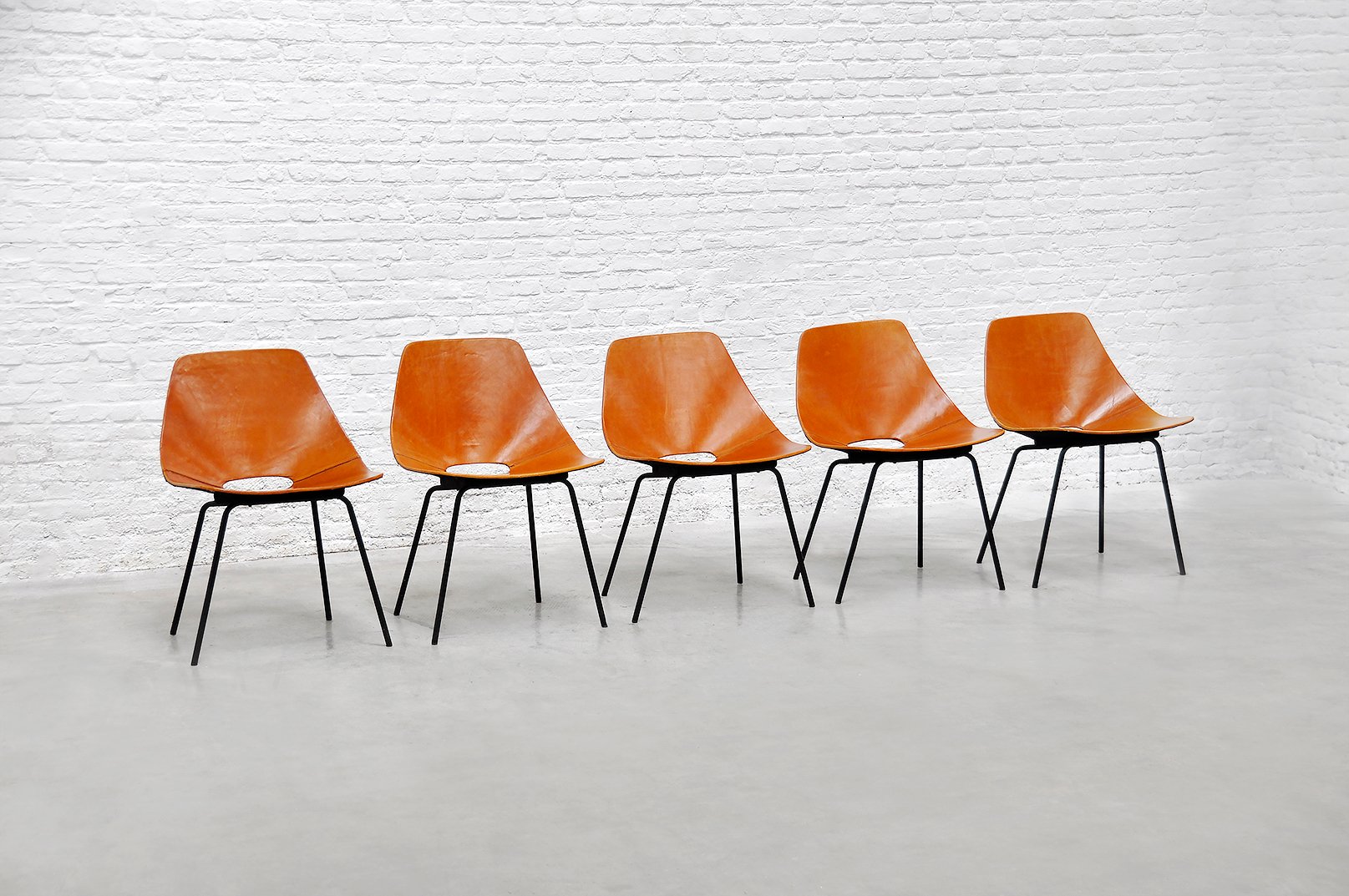 Vintage Cognac Leather Tonneau Chairs by Pierre Guariche, Set of 5 for ...