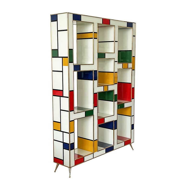 Mondrian Style Wooden Bookcase Covered in Glass, 1980s for sale at Pamono