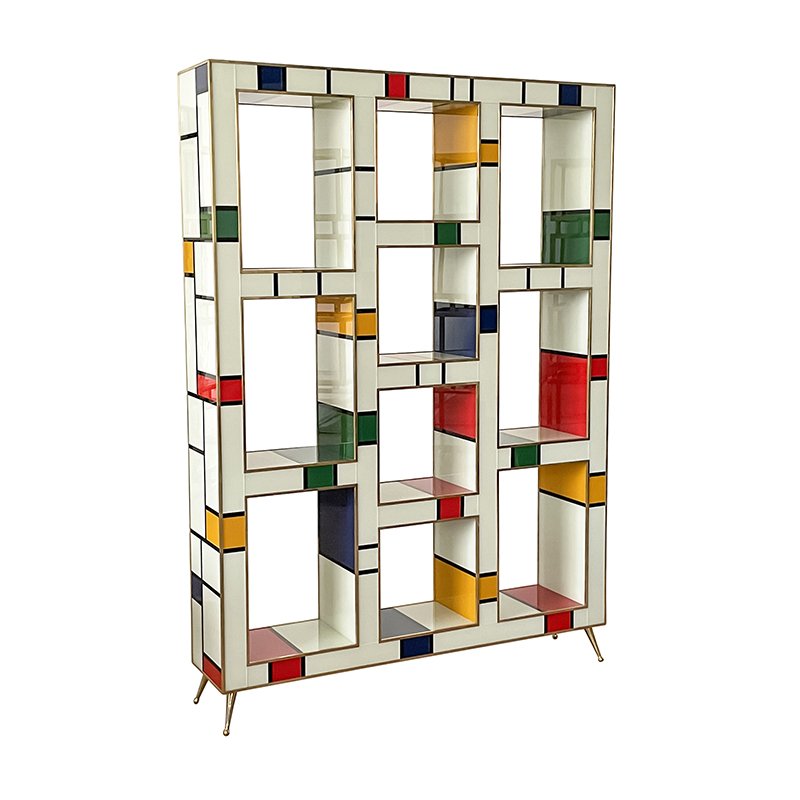 Mondrian Style Wooden Bookcase Covered in Glass, 1980s for sale at Pamono