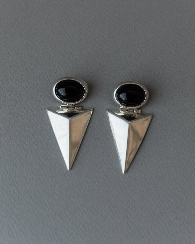 Modernist Triangular Earrings in Silver with Onyx, Italy, 1970s, Set of ...