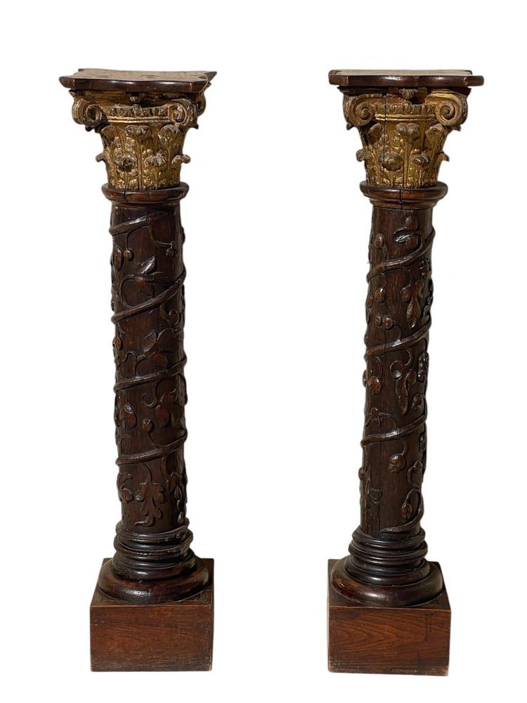 Carved Wooden Columns, Set of 2 for sale at Pamono