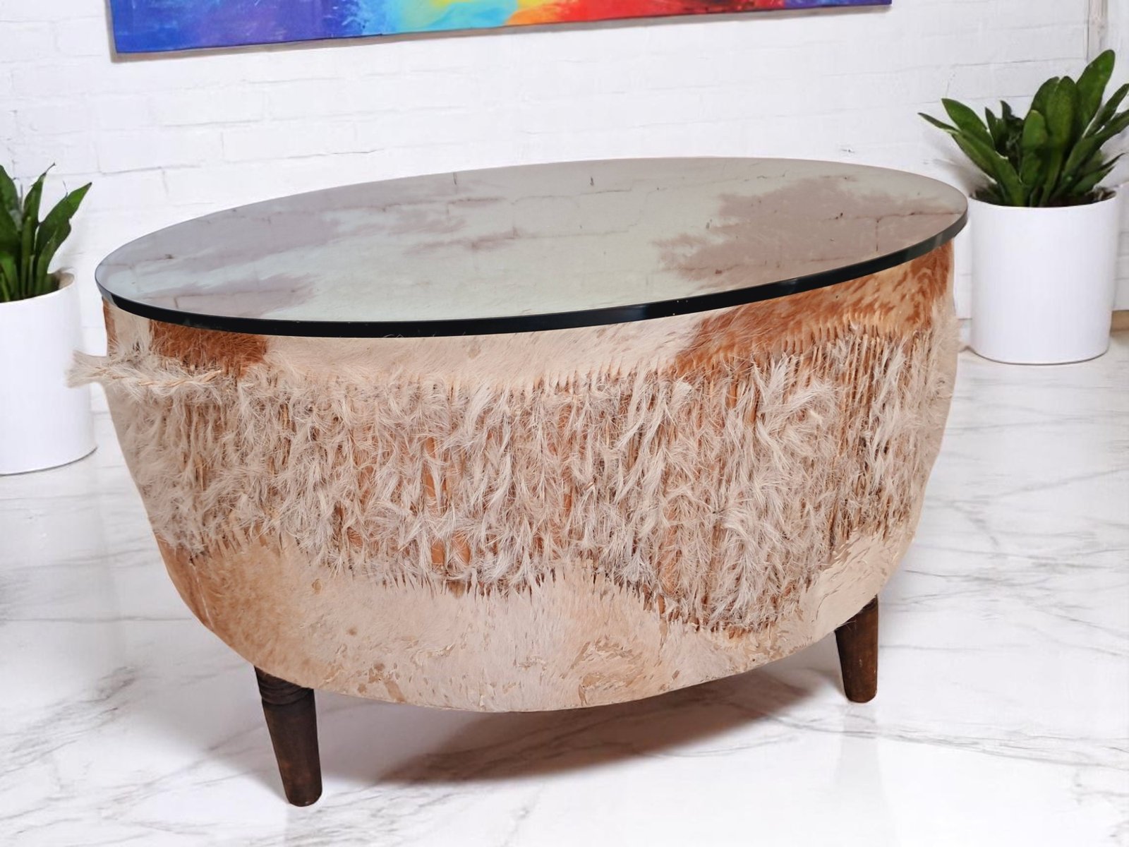 Vintage African Drum Coffee Table Cowhide Table Glass Top Large, 1960s ...